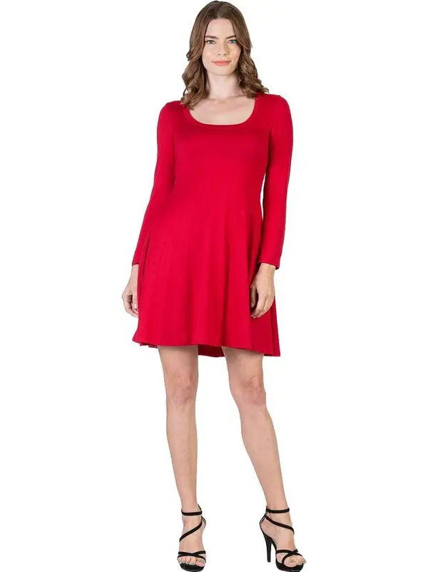 24SEVEN COMFORT APPAREL Classic Long Sleeve Flared Mini Dress - Red
