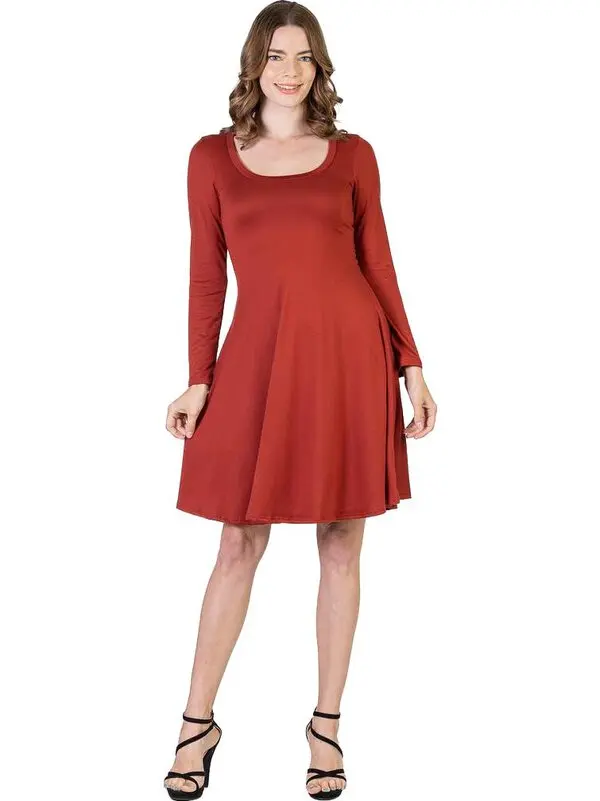 24SEVEN COMFORT APPAREL Classic Long Sleeve Flared Mini Dress - Rust