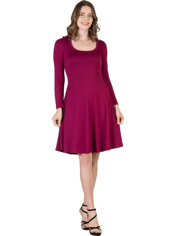 24SEVEN COMFORT APPAREL Classic Long Sleeve Flared Mini Dress - Wine