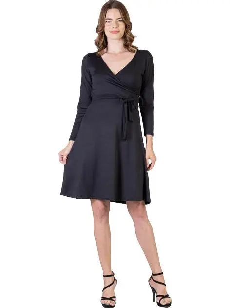 24SEVEN COMFORT APPAREL V-neck Belted Dress - Black