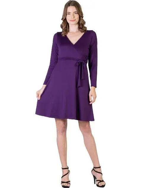 24SEVEN COMFORT APPAREL V-neck Belted Dress - Purple