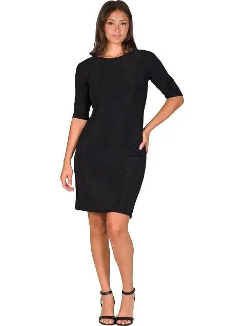 24SEVEN COMFORT APPAREL Elbow Length Sleeve Shimmer Bodycon Mini Dress - Black