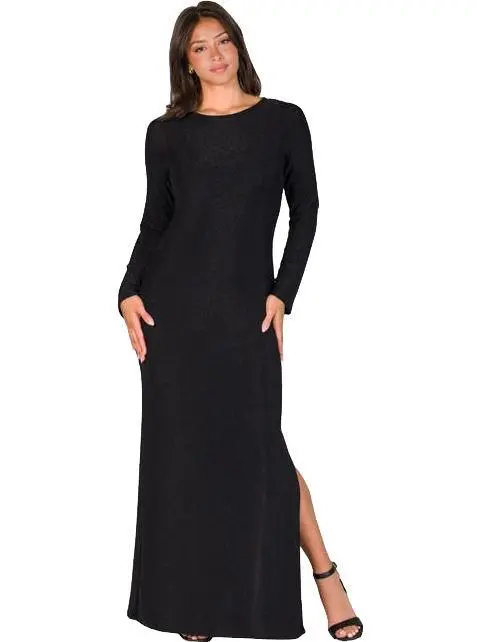 24SEVEN COMFORT APPAREL Fitted Long Sleeve Shimmery Maxi Dress With Slit - Black