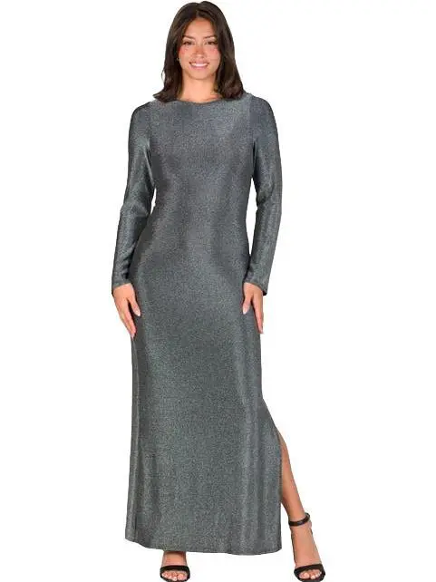 24SEVEN COMFORT APPAREL Fitted Long Sleeve Shimmery Maxi Dress With Slit - Silver