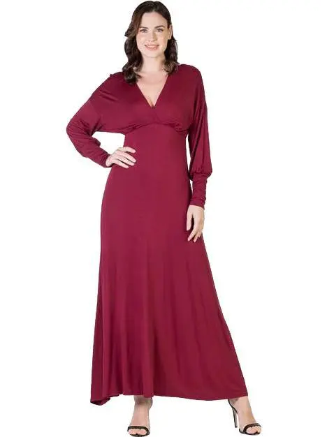 24SEVEN COMFORT APPAREL V-neck Long Sleeve Maxi Dress - Wine