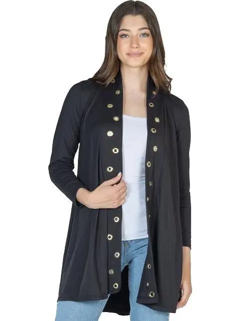 24SEVEN COMFORT APPAREL Long Sleeve Mid Thigh Open Front Cardigan With Grommet Details - Black
