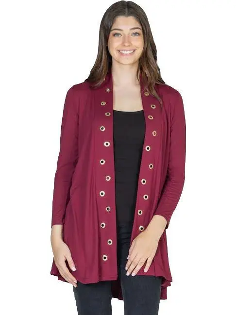 24SEVEN COMFORT APPAREL Long Sleeve Mid Thigh Open Front Cardigan With Grommet Details - Wine