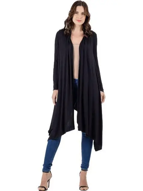 24SEVEN COMFORT APPAREL Extra Long Open Front Cardigan - Black