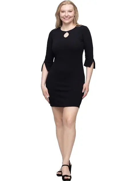 24SEVEN COMFORT APPAREL Keyhole Three Quarter Sleeve Mini Dress - Black