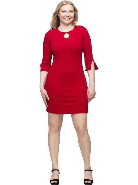 24SEVEN COMFORT APPAREL Keyhole Three Quarter Sleeve Mini Dress - Ruby
