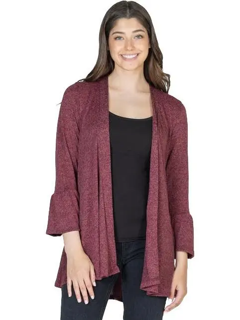 24SEVEN COMFORT APPAREL Knit Bell Sleeve Open Cardigan - Wine