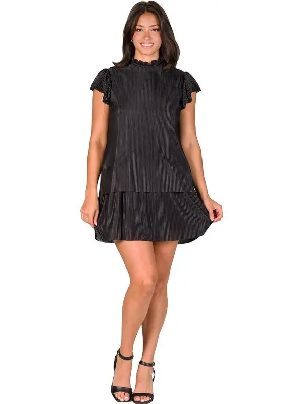 24SEVEN COMFORT APPAREL Ruffle Cap Sleeve High Neck Pleated Tiered Mini Dress - Black