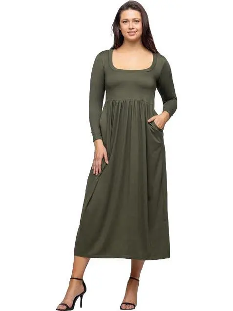 24SEVEN COMFORT APPAREL Long Sleeve Empire Waist Maxi Dress - Olive