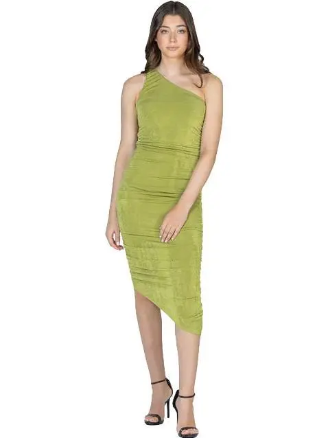 24SEVEN COMFORT APPAREL One Shoulder Ruched Bodycon Dress - Avocado
