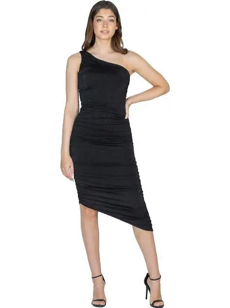24SEVEN COMFORT APPAREL One Shoulder Ruched Bodycon Dress - Black