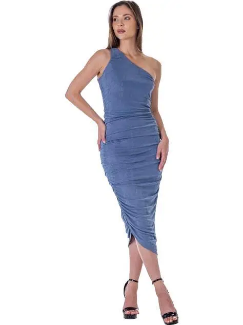 24SEVEN COMFORT APPAREL One Shoulder Ruched Bodycon Dress - Denim