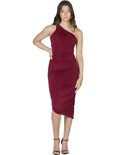 24SEVEN COMFORT APPAREL One Shoulder Ruched Bodycon Dress - Wine