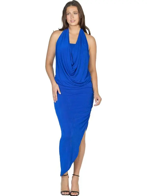 24SEVEN COMFORT APPAREL Cowl Neck Halter Maxi Dress - Royal