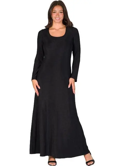 24SEVEN COMFORT APPAREL Long Sleeve Shimmery Fabric Maxi Dress - Black