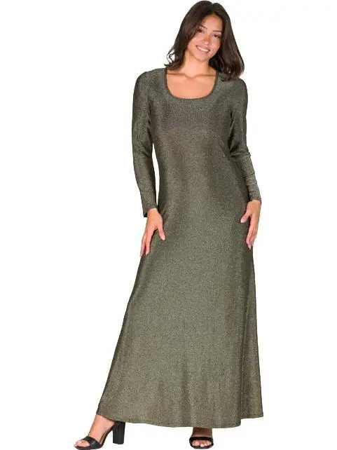 24SEVEN COMFORT APPAREL Long Sleeve Shimmery Fabric Maxi Dress - Gold