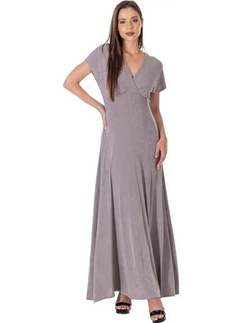 24SEVEN COMFORT APPAREL Flutter Sleeve Metallic Knit Maxi Dress - Grey
