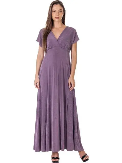 24SEVEN COMFORT APPAREL Flutter Sleeve Metallic Knit Maxi Dress - Mauve