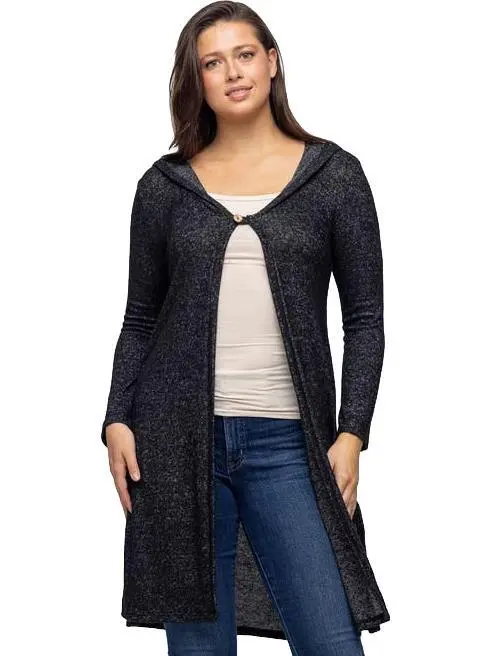 24SEVEN COMFORT APPAREL Knee Length Long Sleeve Hooded Cardigan Shrug - Black
