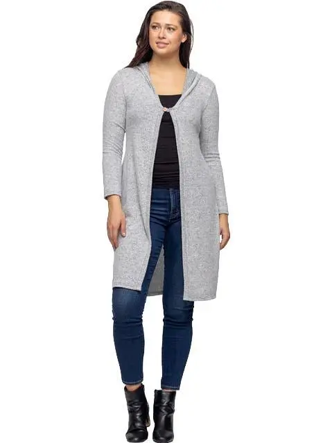 24SEVEN COMFORT APPAREL Knee Length Long Sleeve Hooded Cardigan Shrug - Grey