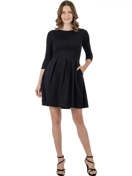 24SEVEN COMFORT APPAREL Fit And Flare Pocket Dress - Black