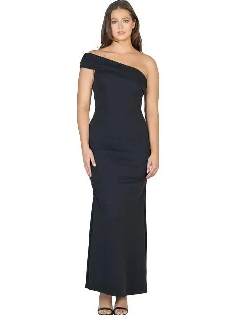 24SEVEN COMFORT APPAREL One Shoulder Rouched Mermaid Maxi Dress - Black
