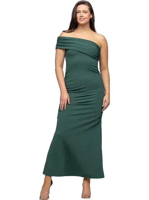 24SEVEN COMFORT APPAREL One Shoulder Rouched Mermaid Maxi Dress - Hunter