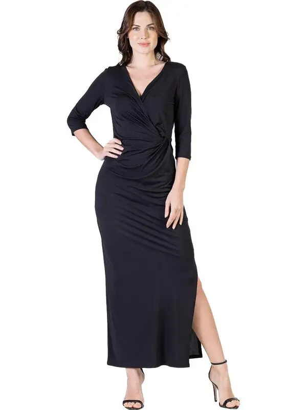 24SEVEN COMFORT APPAREL Fitted V-neck Maxi Dress With Slit - Black