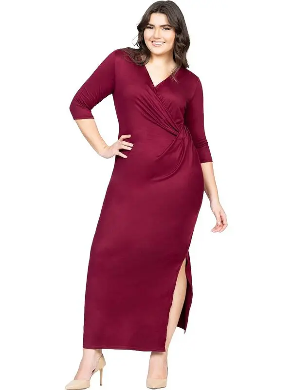 24SEVEN COMFORT APPAREL Fitted V-neck Maxi Dress With Slit - Burgundy