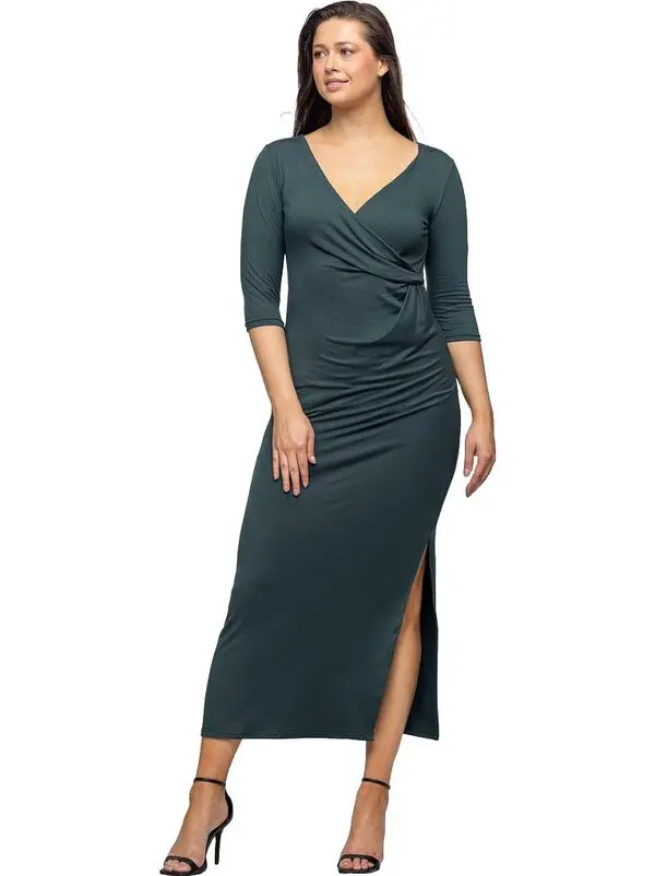 24SEVEN COMFORT APPAREL Fitted V-neck Maxi Dress With Slit - Hunter