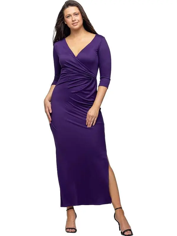 24SEVEN COMFORT APPAREL Fitted V-neck Maxi Dress With Slit - Purple