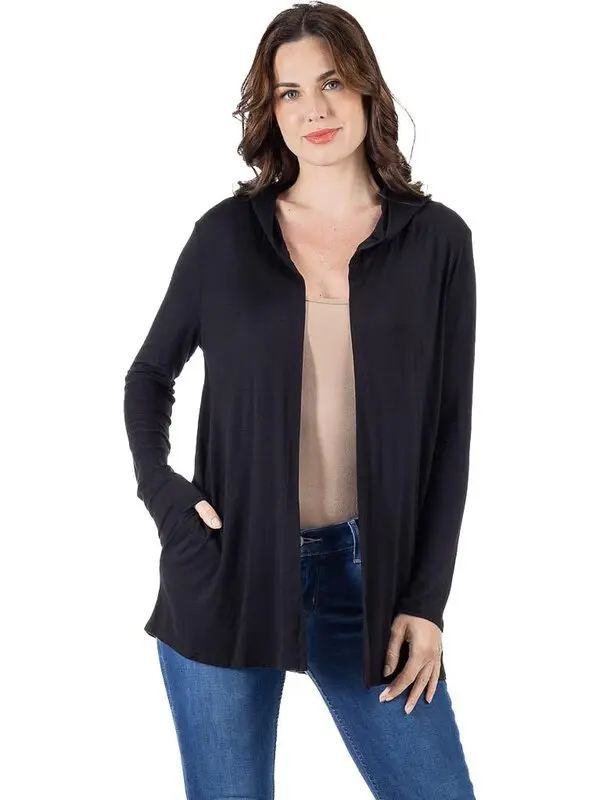 24SEVEN COMFORT APPAREL Open Front Lightweight Hooded Cardigan - Black