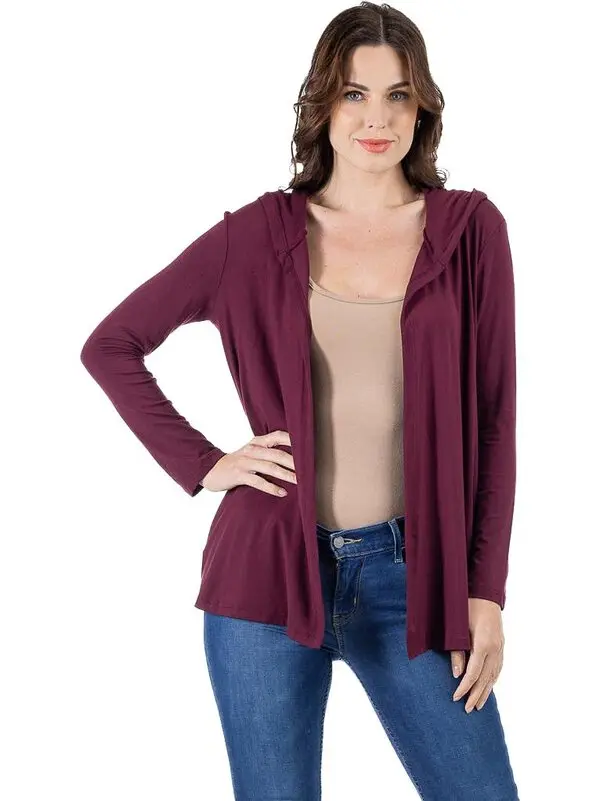 24SEVEN COMFORT APPAREL Open Front Lightweight Hooded Cardigan - Plum