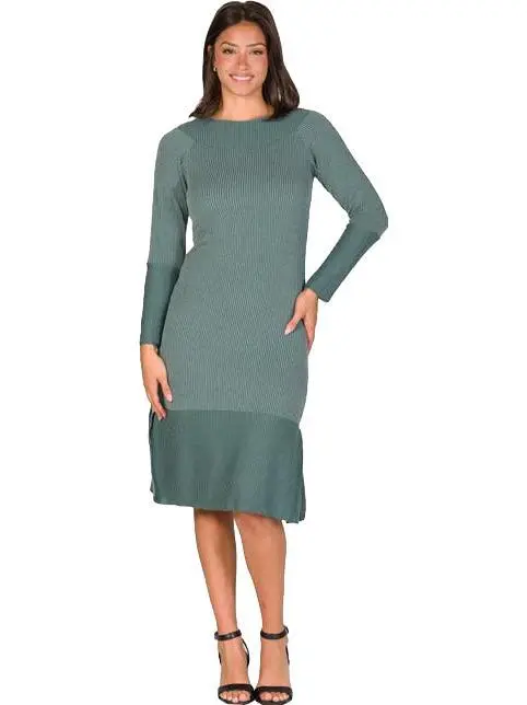 24SEVEN COMFORT APPAREL Ribbed Knit Long Sleeve Split Hem Sweater Dress - Green