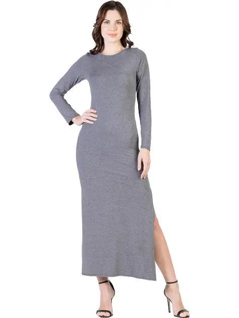 24SEVEN COMFORT APPAREL Long Sleeve Fitted Maxi Dress With Slit - Grey