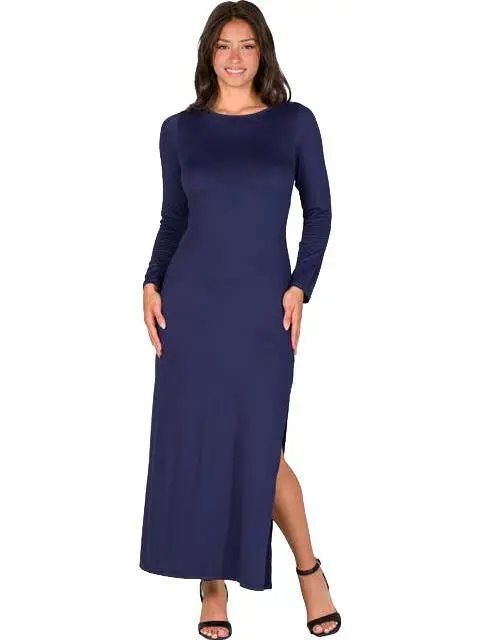 24SEVEN COMFORT APPAREL Long Sleeve Side Slit Fitted Maxi Dress - Navy