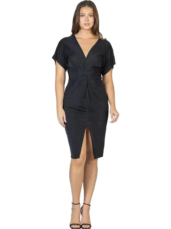24SEVEN COMFORT APPAREL Short Sleeve V Neck Twist Front Split Hem Dress - Black