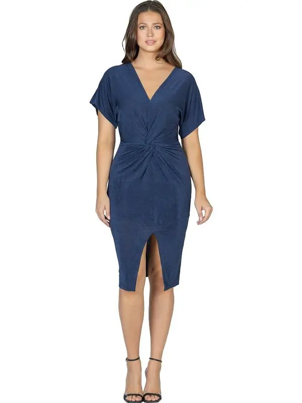 24SEVEN COMFORT APPAREL Short Sleeve V Neck Twist Front Split Hem Dress - Navy