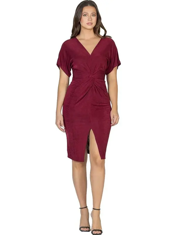 24SEVEN COMFORT APPAREL Short Sleeve V Neck Twist Front Split Hem Dress - Wine