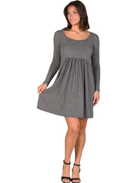 24SEVEN COMFORT APPAREL Long Sleeve Babydoll Knee Length Dress - Smoke