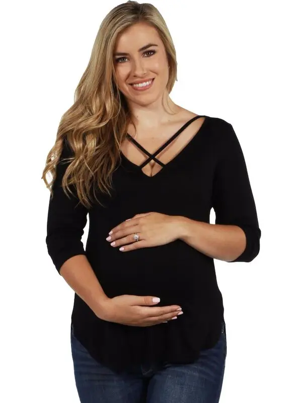 24SEVEN COMFORT APPAREL Criss Cross Maternity Tunic Top - Black