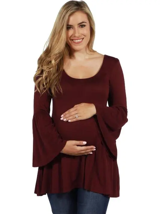 24SEVEN COMFORT APPAREL Long Bell Sleeve Flared Maternity Tunic Top - Plum