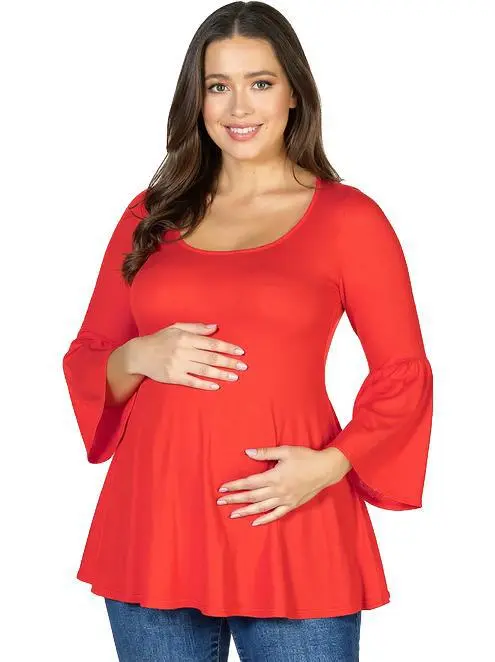 24SEVEN COMFORT APPAREL Long Bell Sleeve Flared Maternity Tunic Top - Red