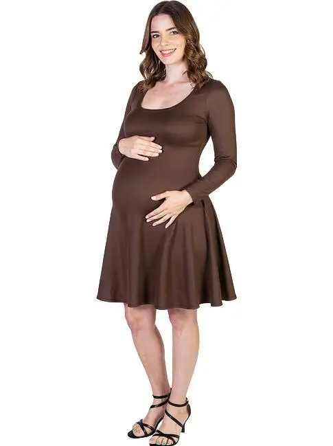 24SEVEN COMFORT APPAREL Maternity Flared Mini Dress - Brown