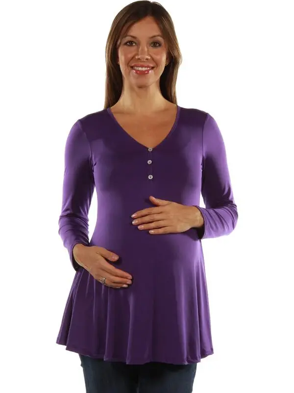 24SEVEN COMFORT APPAREL Flared Long Sleeve Henley Maternity Top - Purple