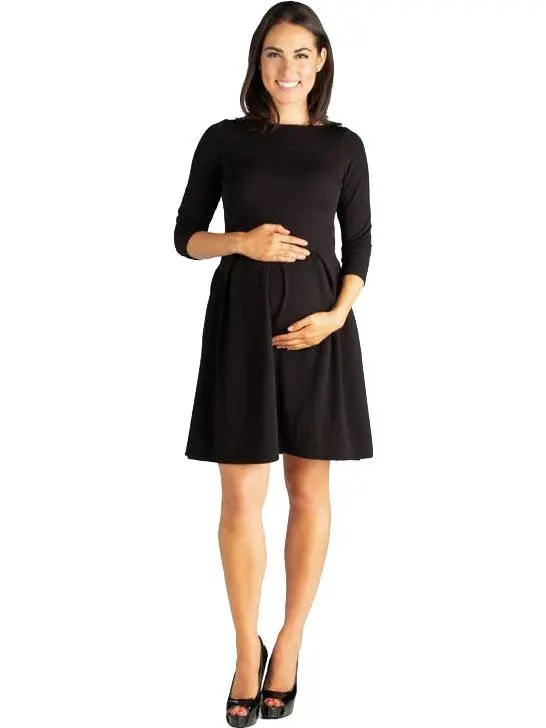 24SEVEN COMFORT APPAREL Maternity Fit And Flare Boatneck Dress - Black